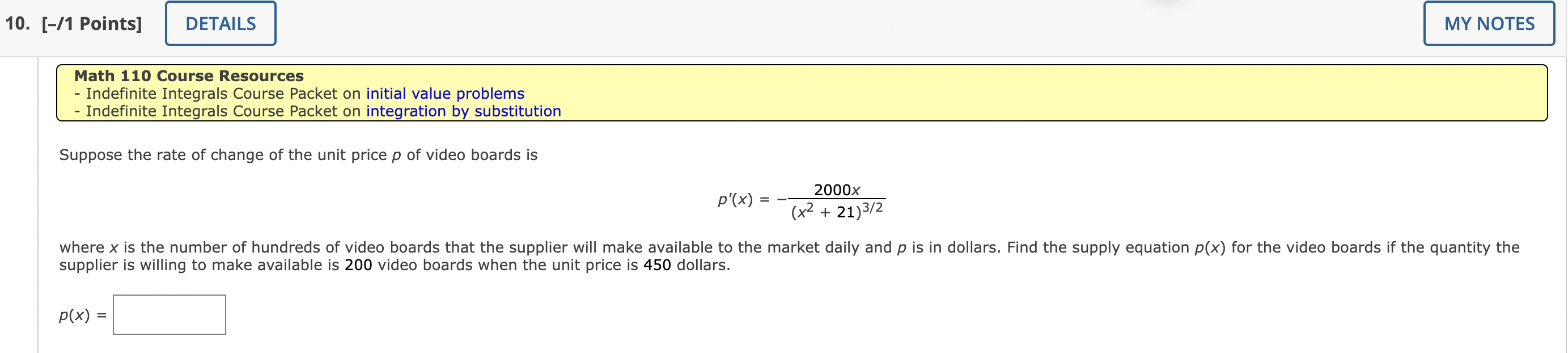 Solved [-/1 ﻿Points]Math 110 ﻿Course ResourcesIndefinite | Chegg.com