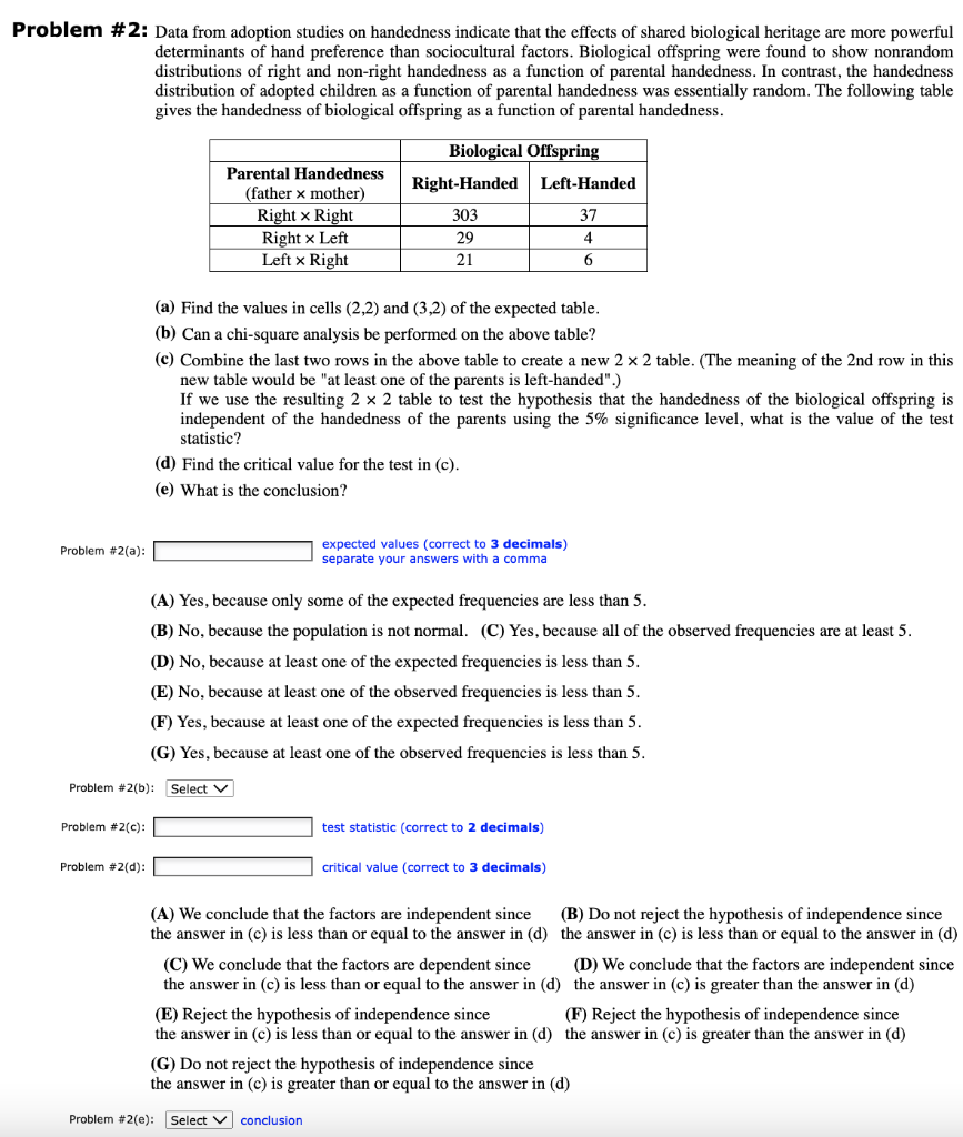 Solved blem \# 2: Data from adoption studies on handedness | Chegg.com