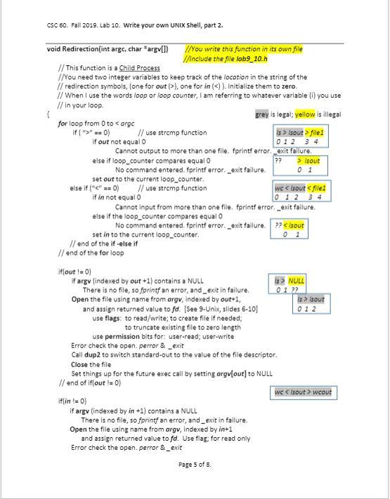 CSC 60. Fall 2019. Lab 10. Write your own UNIX Shell, | Chegg.com