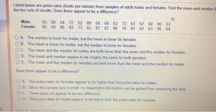 Solved samples of adult males and females. Find the mean and | Chegg.com