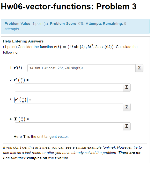 Hw06 Vector Functions Problem 3 Problem Value 1