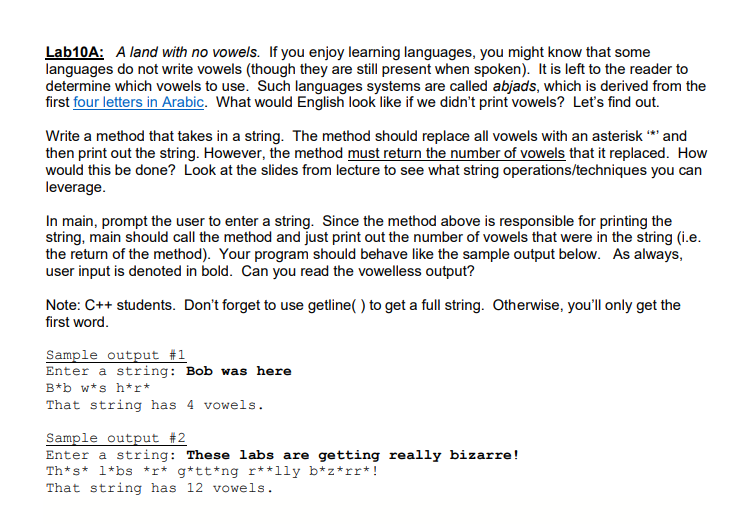 Solved Lab10A: A land with no vowels. If you enjoy learning | Chegg.com