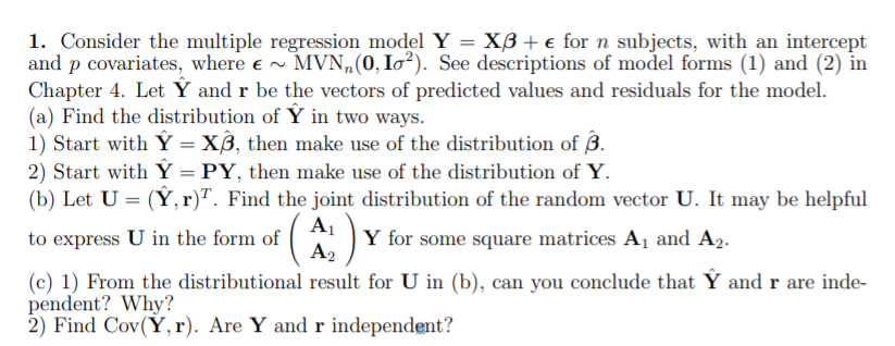 Solved 1. Consider the multiple regression model Y = XB+ e | Chegg.com
