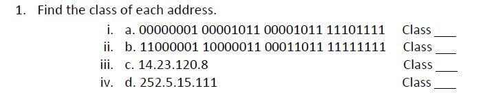 Solved 1. Find the class of each address. i. a. 00000001 | Chegg.com
