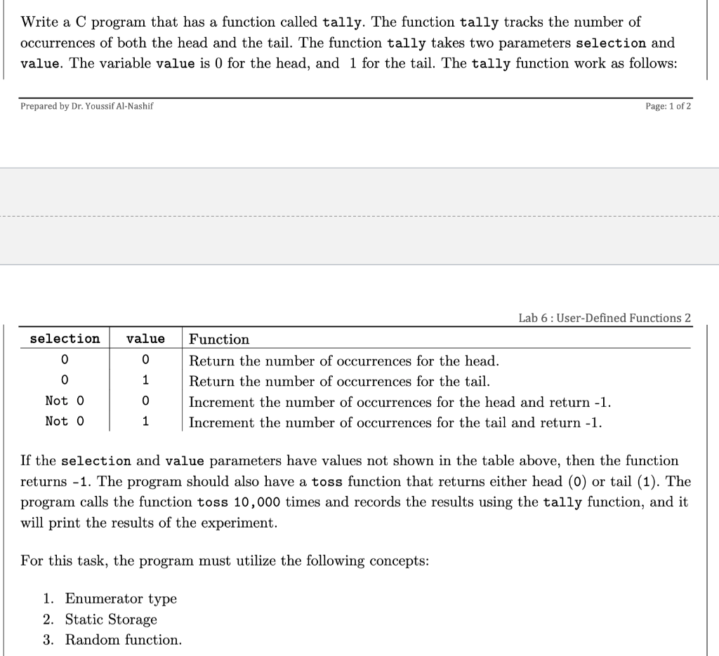 Solved Write A C Program That Has A Function Called Tally