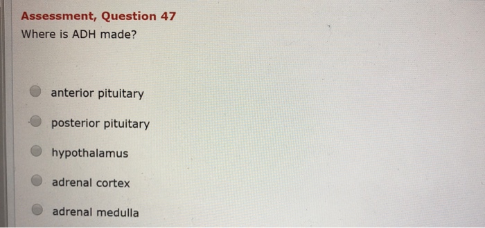 Solved Assessment, Question 47 Where is ADH made? anterior | Chegg.com