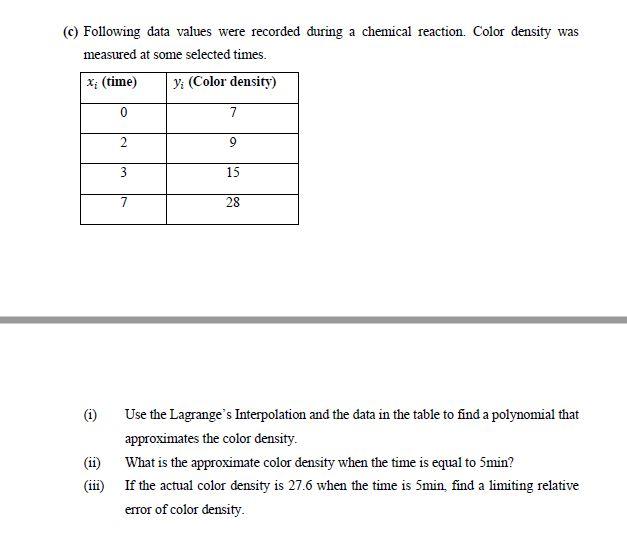 Solved (c) Following data values were recorded during a | Chegg.com