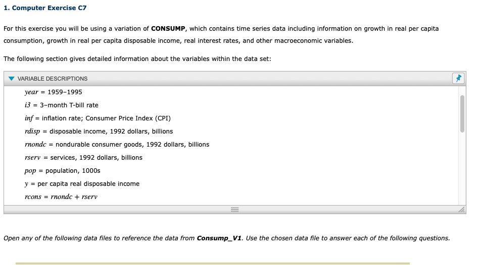 1. Computer Exercise C7 For this exercise you will be | Chegg.com