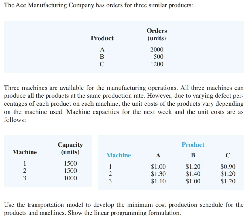 Solved The Ace Manufacturing Company has orders for three | Chegg.com