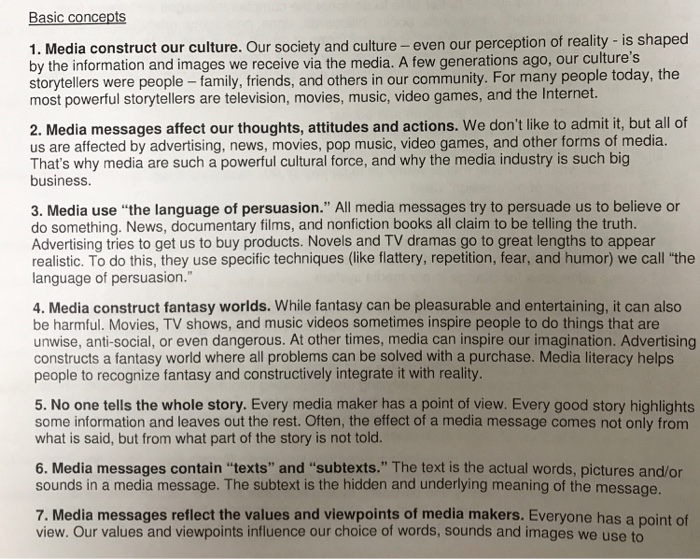 1. Media construct our culture. Our society and | Chegg.com