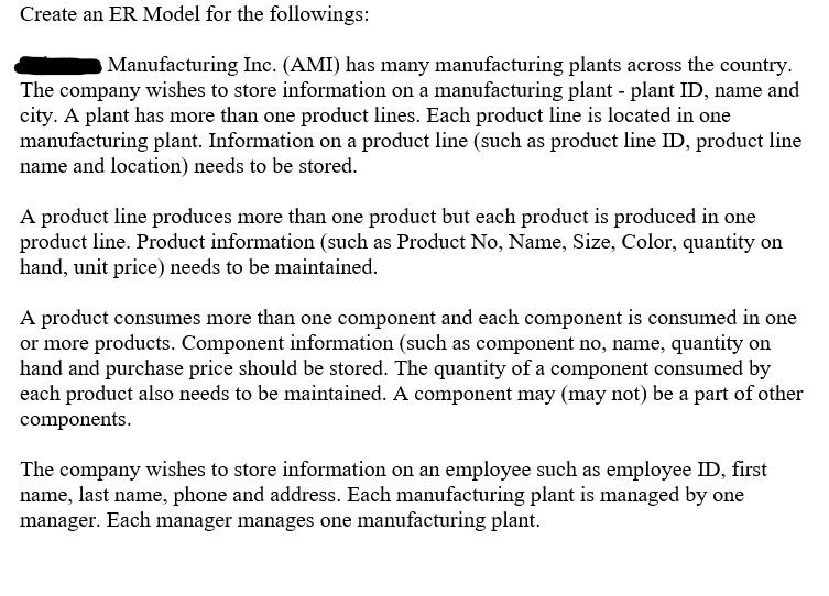 Solved Create an ER Model for the followings: Manufacturing | Chegg.com