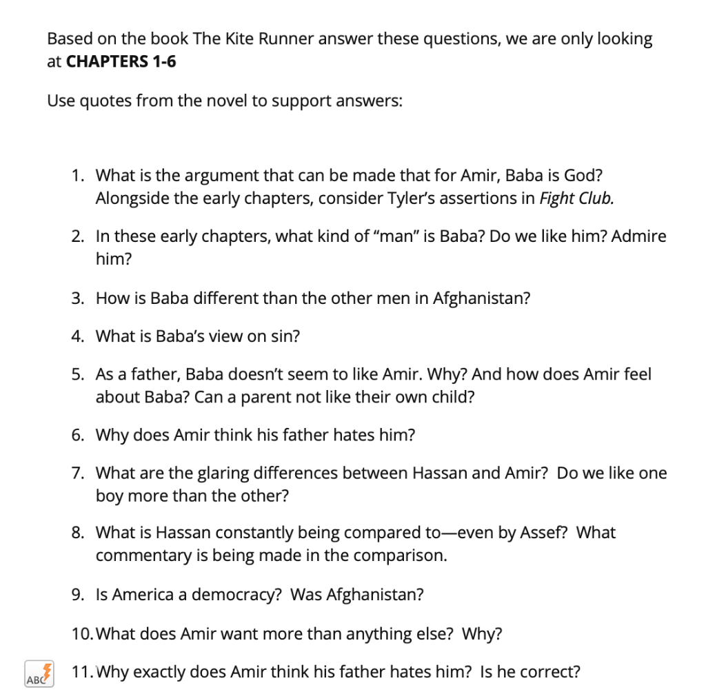 Based on the book The Kite Runner answer these | Chegg.com