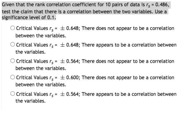 Solved Given that the rank correlation coefficient for 10 | Chegg.com