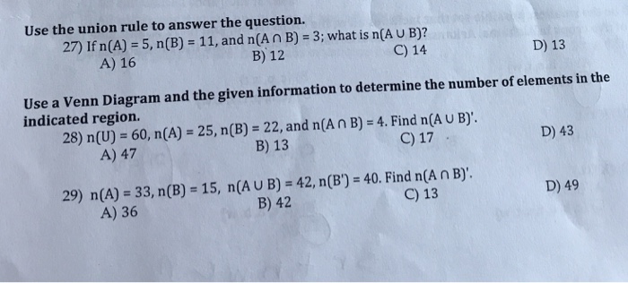 Solved Use the union rule to answer the question. 27) If | Chegg.com