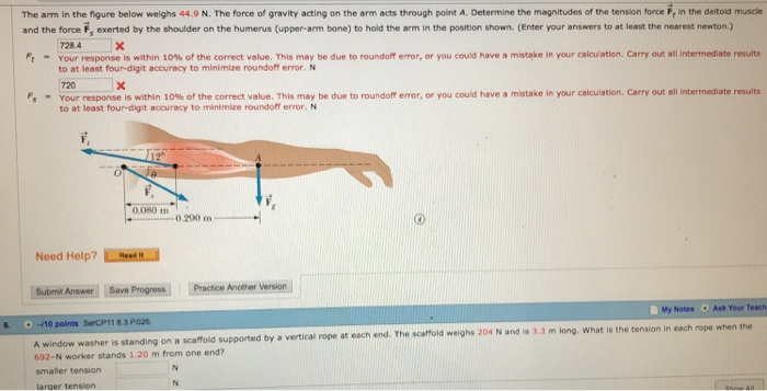 Solved The arm in the figure below welghs 44.9 N. The force | Chegg.com