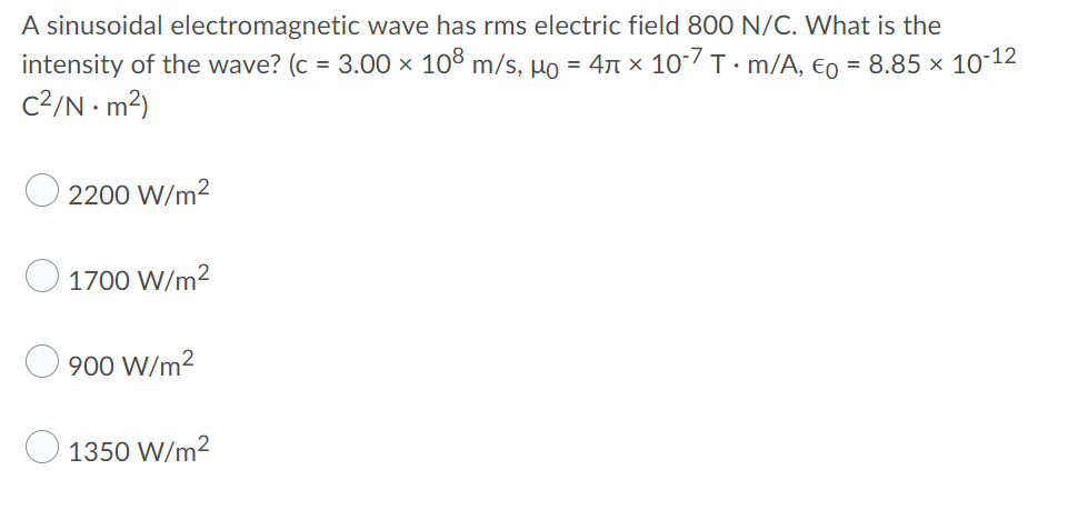 Solved A sinusoidal electromagnetic wave has rms electric | Chegg.com