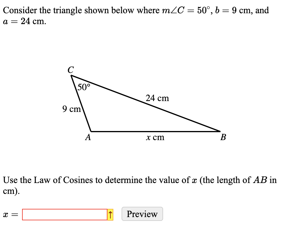 Solved Consider the triangle shown below where m∠C=50∘, b=9 | Chegg.com