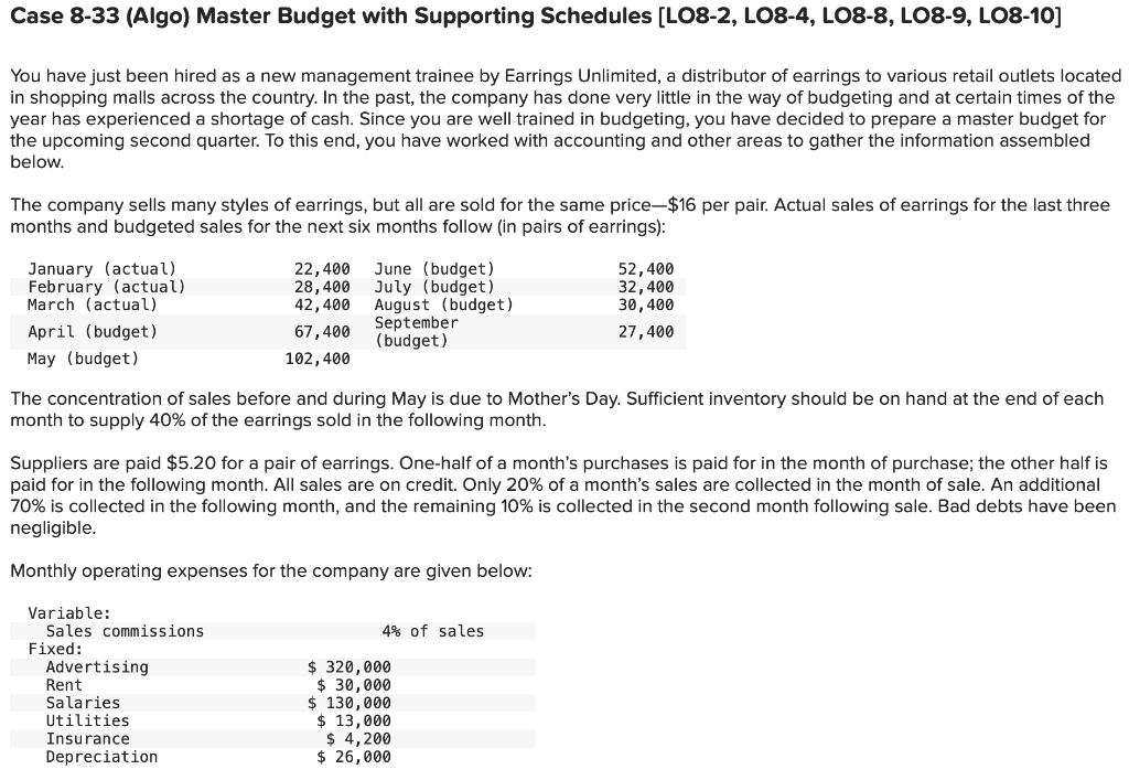 Solved Case 8-33 (Algo) Master Budget with Supporting | Chegg.com