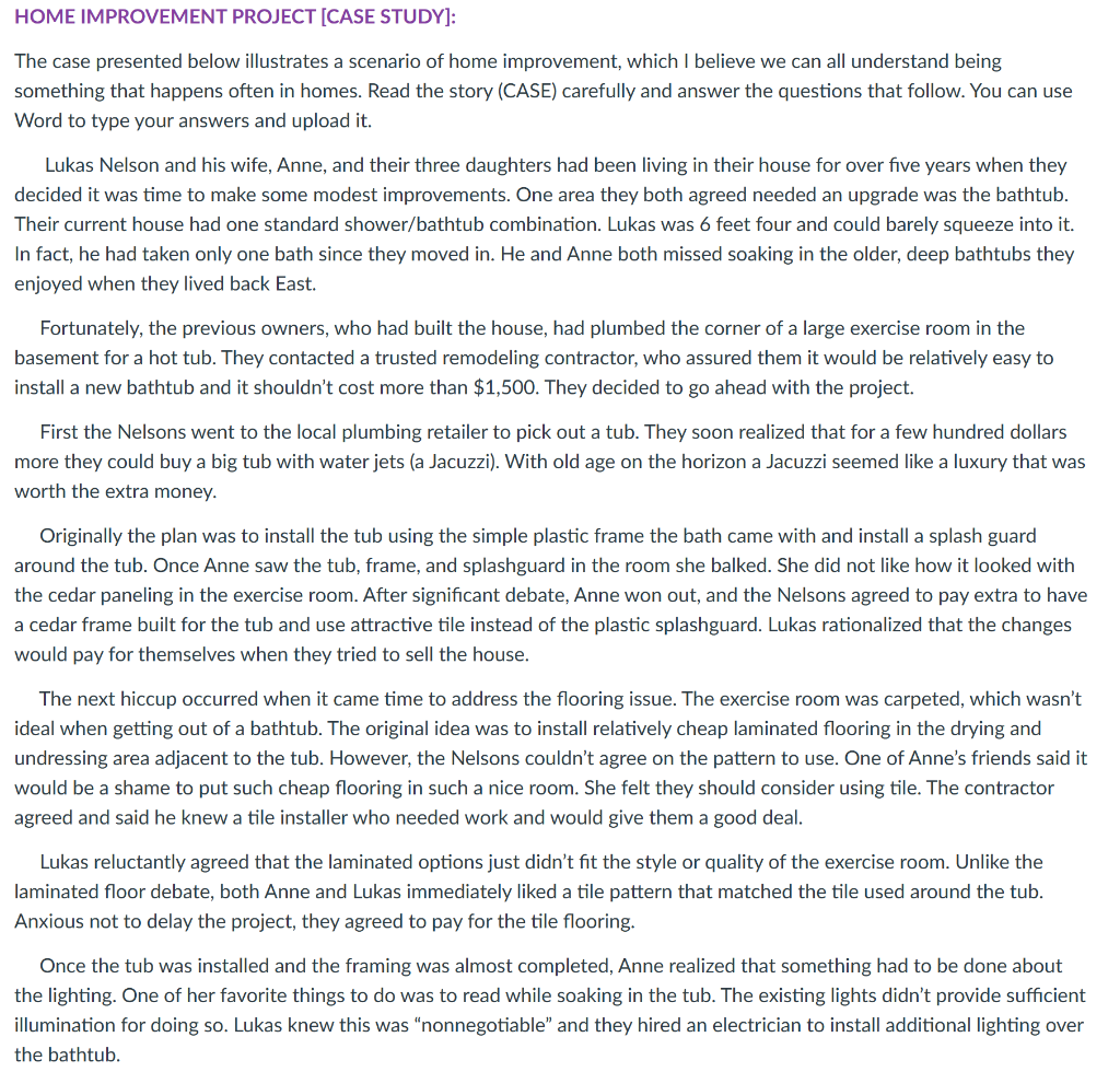 Solved HOME IMPROVEMENT PROJECT [CASE STUDY]: The case | Chegg.com