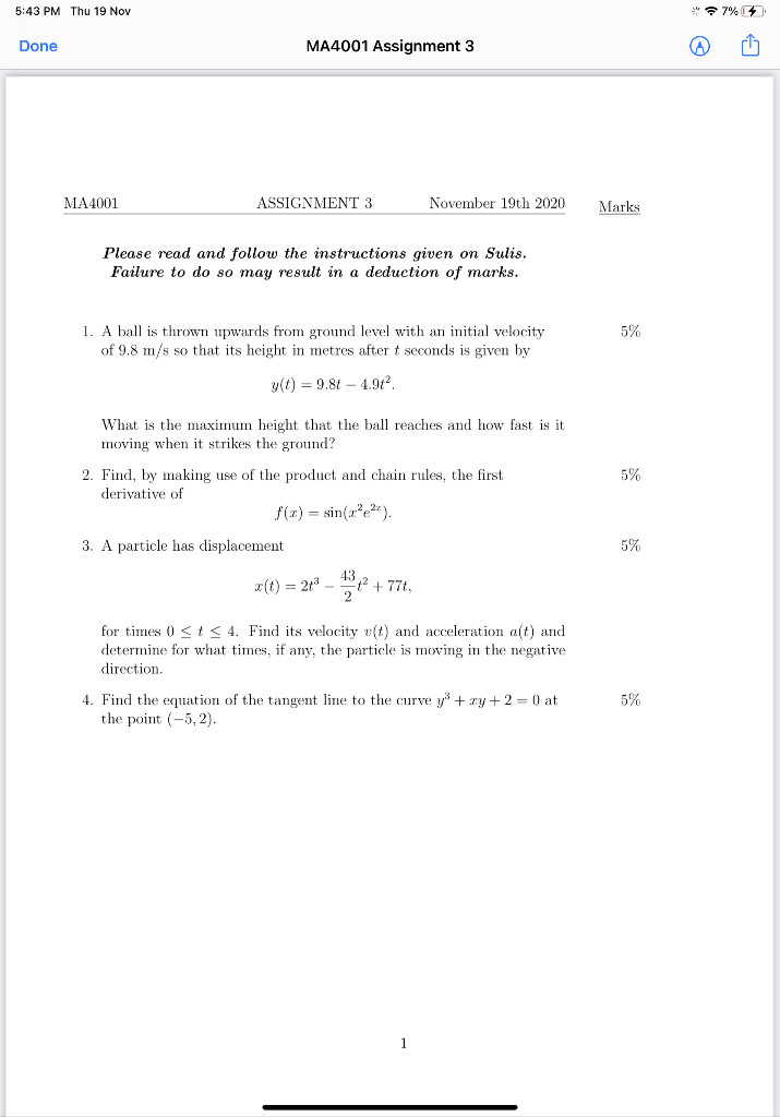 Solved 5:43 PM Thu 19 Nov 7% Done MA4001 Assignment 3 MA4001 | Chegg.com