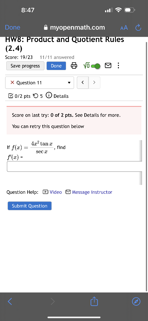 Solved HW8: Product and Quotient Rules (2.4) Score: 19/23 | Chegg.com