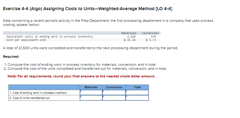 Solved Exerclse 4-4 (Algo) Assigning Costs to | Chegg.com Solved Exerclse 4-4 (Algo) Assigning Costs to | Chegg.com