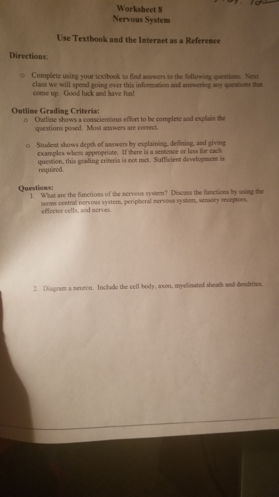 Solved ld Worksheet 8 Nervous System Use Textbook and the | Chegg.com