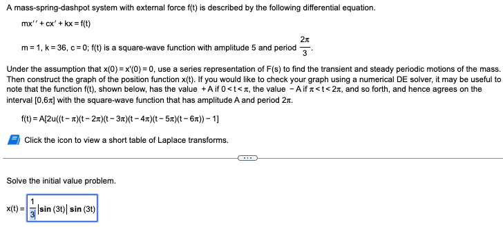 Solved mx′′+cx′+kx=f(t) m=1,k=36,c=0;f(t) is a square-wave | Chegg.com