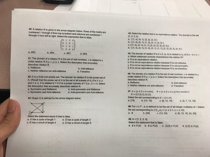 Solved 40: A relation R is given in the arow diagram below. | Chegg.com