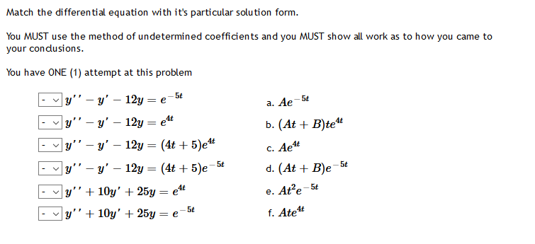 Solved Match the differential equation with it's particular | Chegg.com