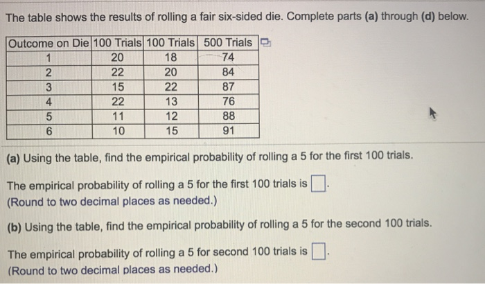 Solved The table shows the results of rolling a fair | Chegg.com