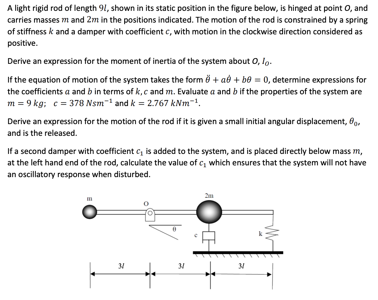 Solved A light rigid rod of length 9l, shown in its static | Chegg.com