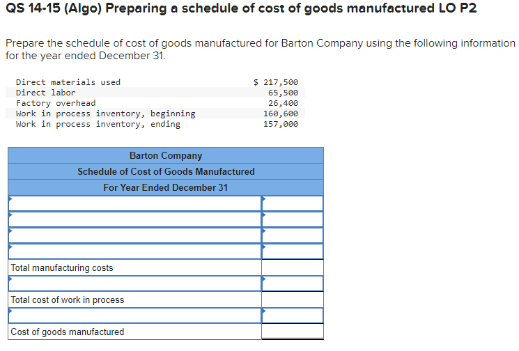 Solved QS 14-15 (Algo) ﻿Preparing a schedule of cost of | Chegg.com