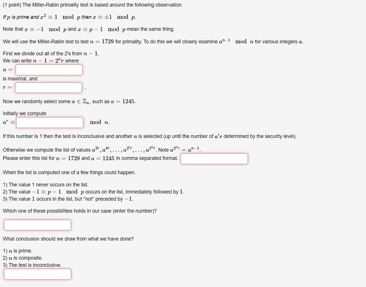 Solved (1 point) The Miller-Rabin primality test is based | Chegg.com