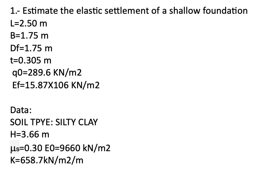 Solved 1.- Estimate the elastic settlement of a shallow | Chegg.com
