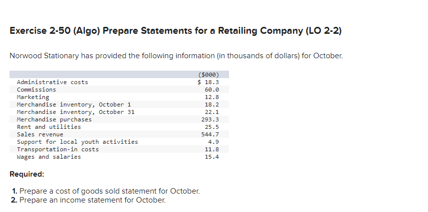 Solved Exercise 2-50 (Algo) Prepare Statements for a | Chegg.com