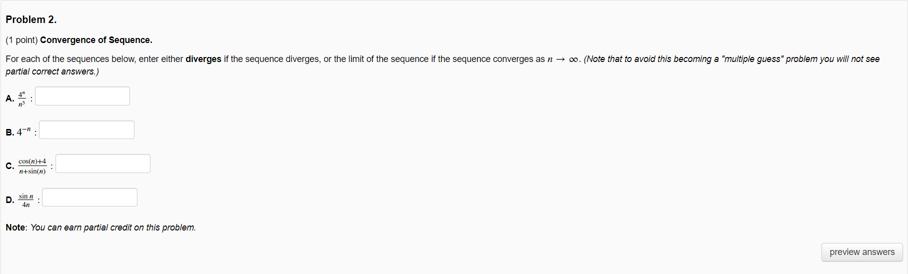Solved Problem 2. (1 point) Convergence of Sequence. For | Chegg.com