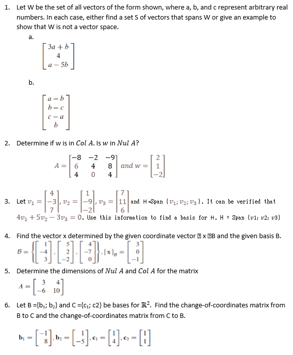 Solved 1. Let w be the set of all vectors of the form shown, | Chegg.com