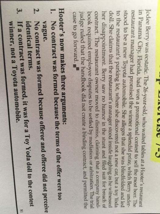 Did Hooters make an offer for a bilateral contract , | Chegg.com