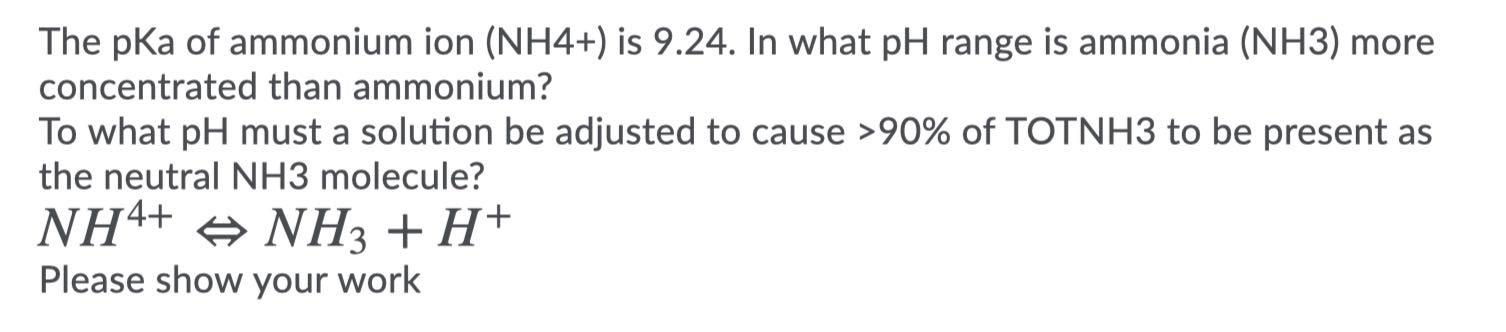 Solved The pka of ammonium ion (NH4+) is 9.24. In what pH | Chegg.com