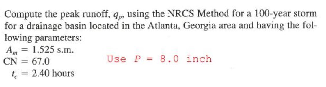 Solved Compute the peak runoff, qp, using the NRCS Method | Chegg.com