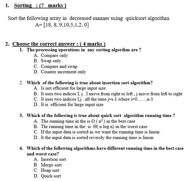 Solved 1. Sorting : (7 marks Sort the following array in | Chegg.com