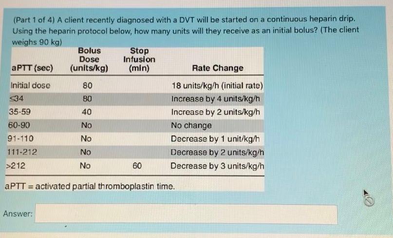 Solved (Part 1 of 4) A client recently diagnosed with a DVT | Chegg.com