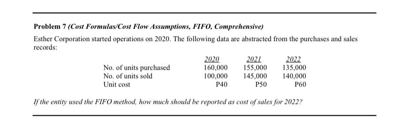 Solved Problem 7 (Cost Formulas/Cost Flow Assumptions, FIFO, | Chegg.com