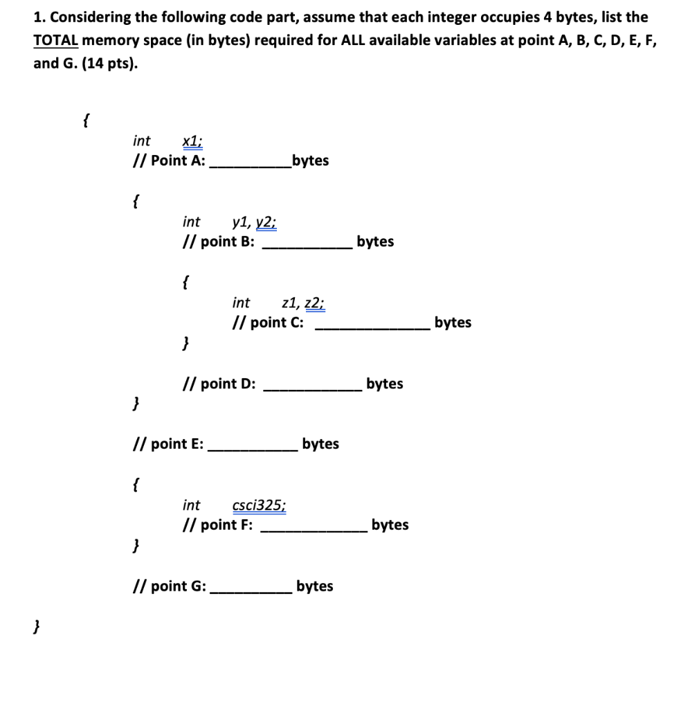 Solved 1. Considering the following code part, assume that | Chegg.com