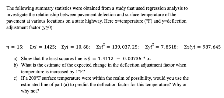 Solved The Following Summary Statistics Were Obtained From A