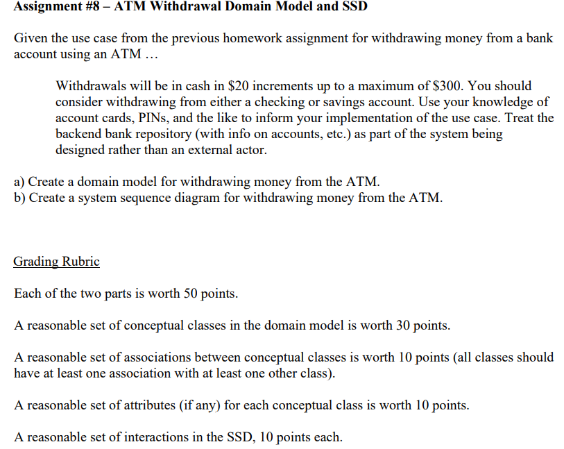 Solved Assignment \#8-ATM Withdrawal Domain Model and SSD | Chegg.com Solved Assignment \#8-ATM Withdrawal Domain Model and SSD | Chegg.com