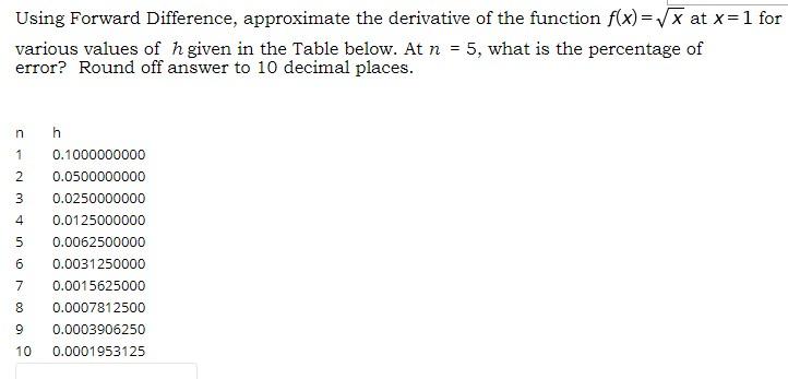 Solved Using Forward Difference, approximate the derivative | Chegg.com