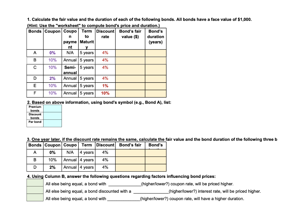 1. Calculate the fair value and the duration of each | Chegg.com