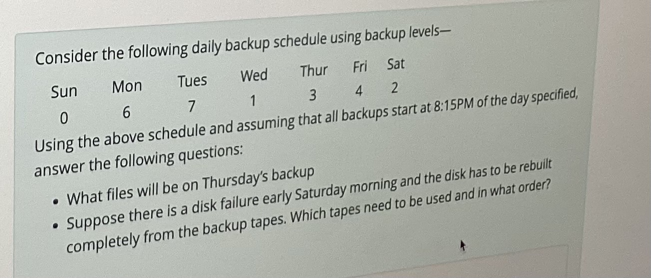 Solved Consider the following daily backup schedule using | Chegg.com